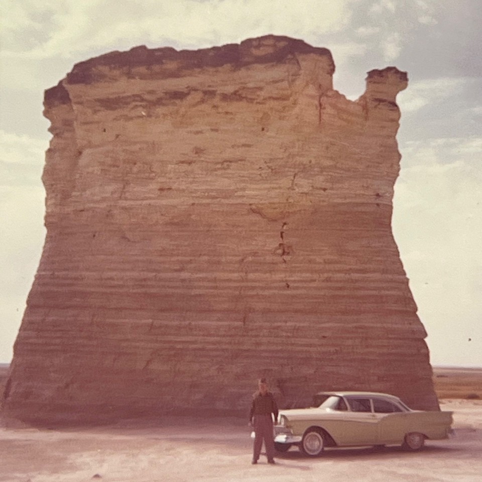 1960s Lone Man with Classic Car Kansas Chalk Pyramids Monument Rocks ...