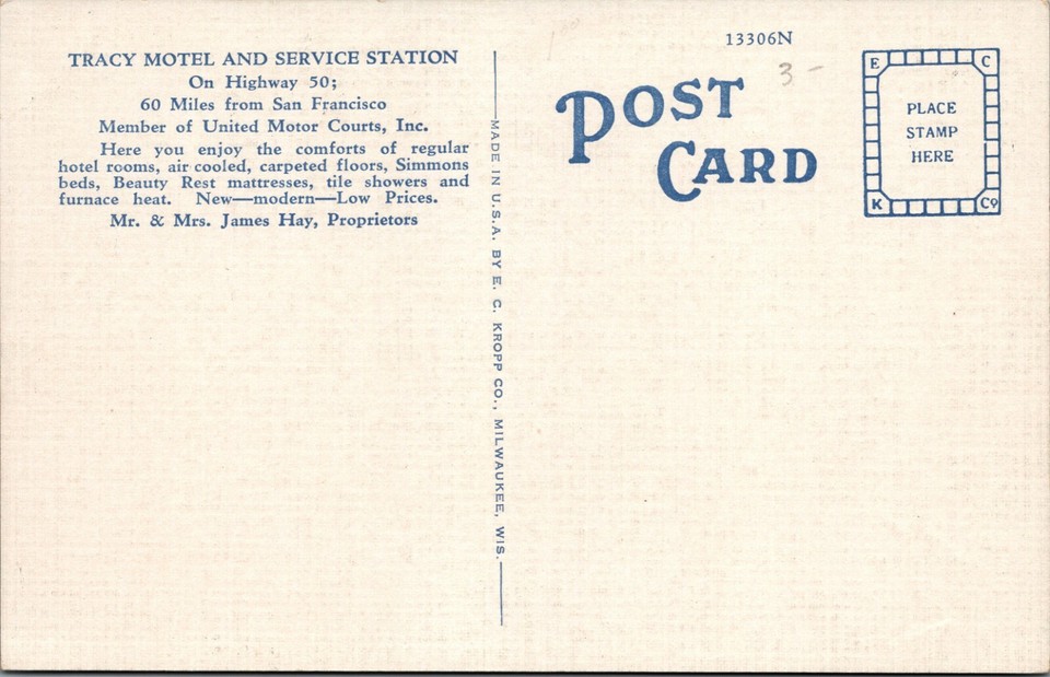 1940s Tracy Motel Service Station CA Union Oil gas pump auto linen ...