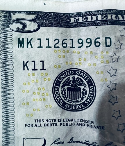 11-26-1996 Special Number Unique Note Five Dollar Bill MK11261996D ...