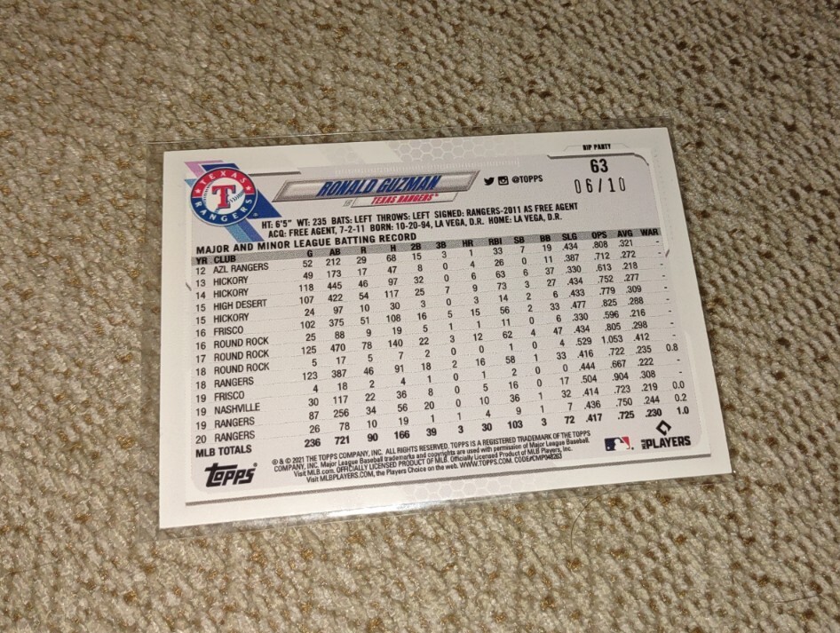 2021 RONALD GUZMAN TOPPS RIP PARTY /10 (RANGERS) | eBay