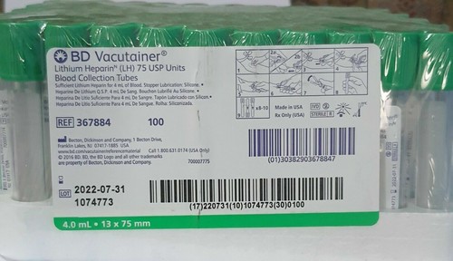 BD Vacutainer 367884 Lithium Heparin Tubes - 4mL, 200 Tubes - 2 Pack in ...