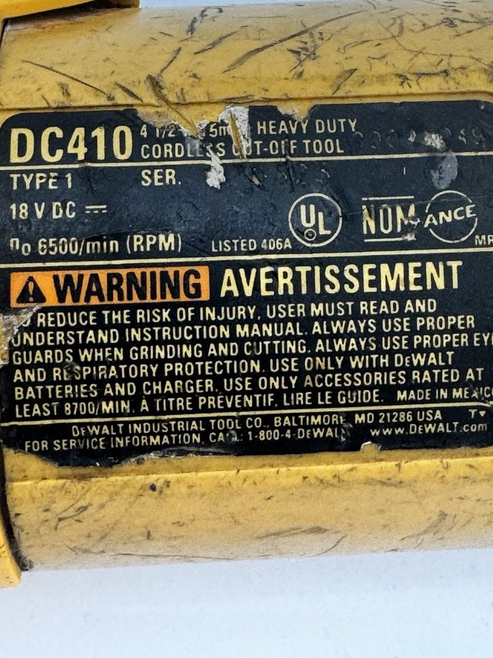 DEWALT 18v DC410 Cut-Off Tool Angle Grinder Cordless 4-1/2" Tool Only ...