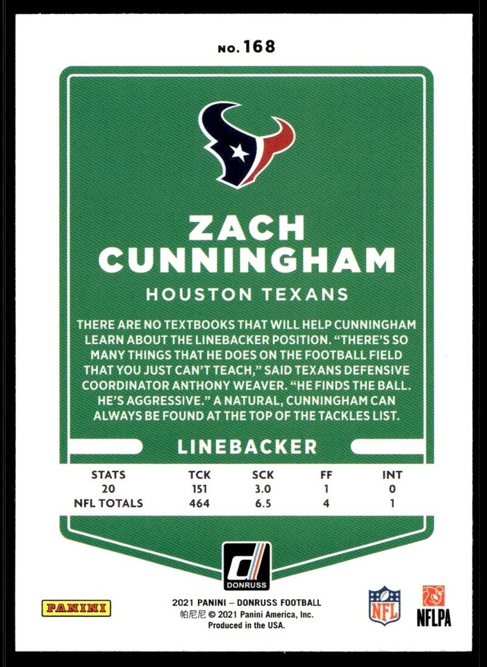 2021 Donruss Zach Cunningham Houston Texans #168 | eBay