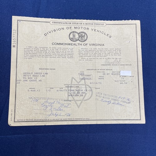 1973 Ford 2 Door HT Certificate Historical Document Virginia | eBay
