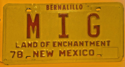 1978 NEW MEXICO VANITY LICENSE PLATE " MIG " NM MIG TIG WELDER FIGHTER ...