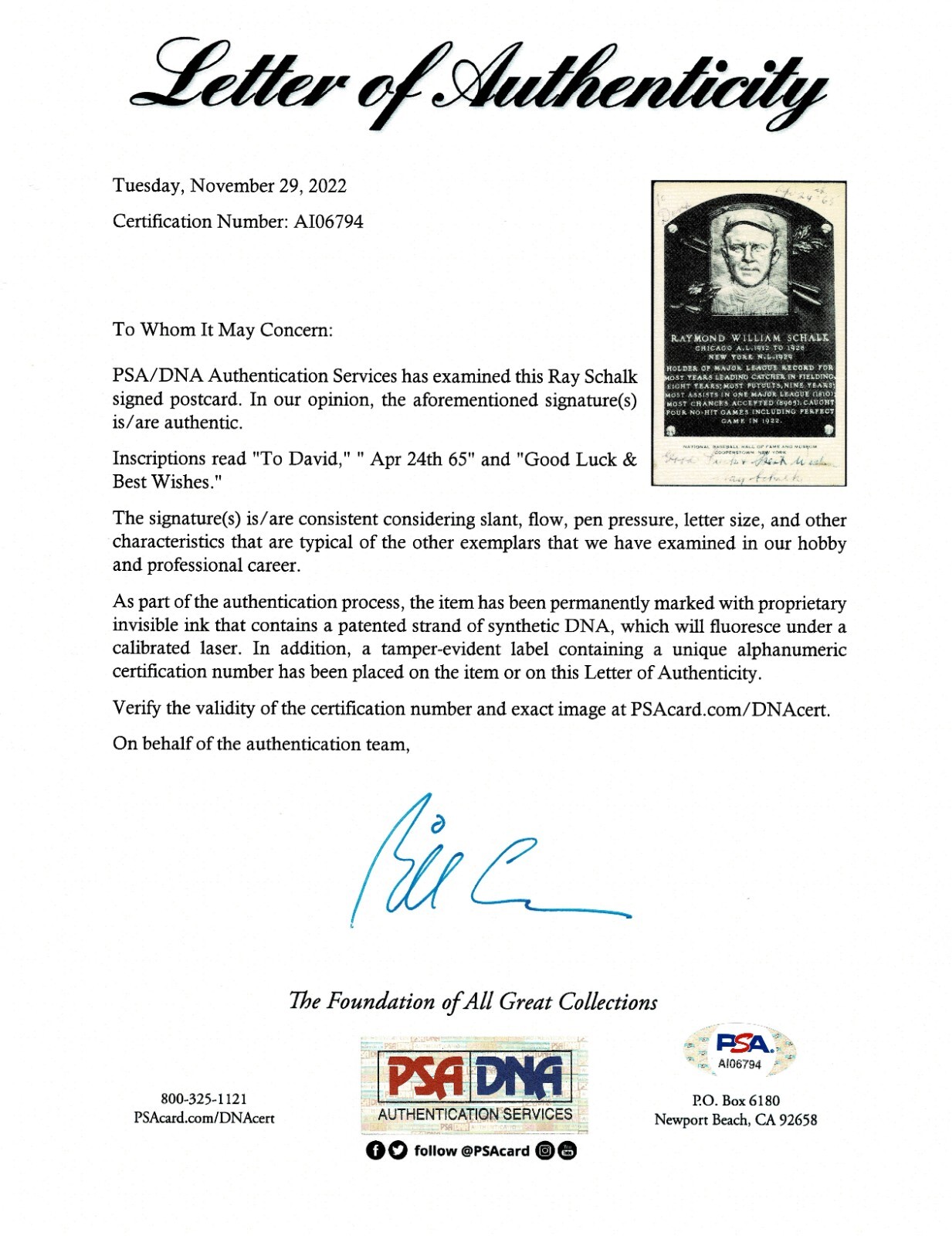 RARE! PLEASE READ! Ray Schalk Signed Type 2 Artvue HOF Postcard Plaque ...