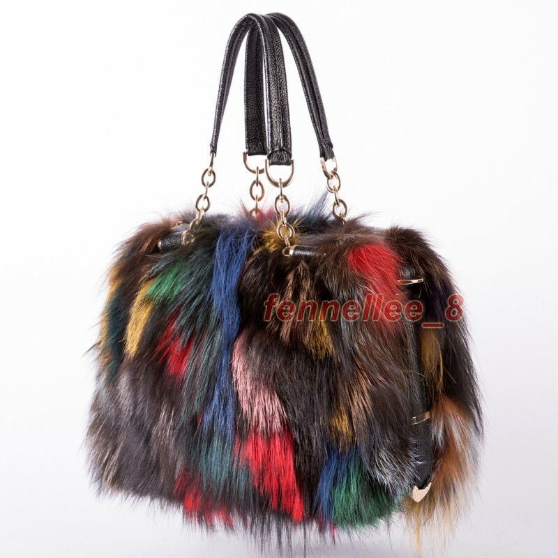 Women Multicolor Real Fox Fur Bag Color Stitching Handbag Cowhide Tote ...