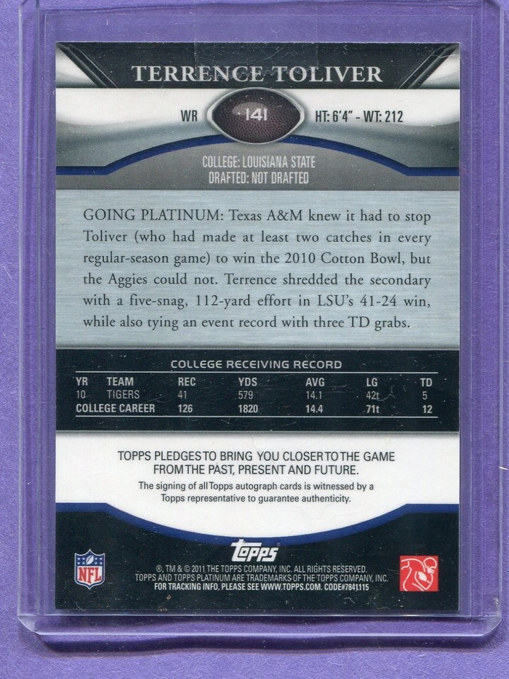TERRENCE TOLIVER HOUSTON TEXANS TEXAS A&M 2011 TOPPS PLATINUM AUTOGRAPH ...