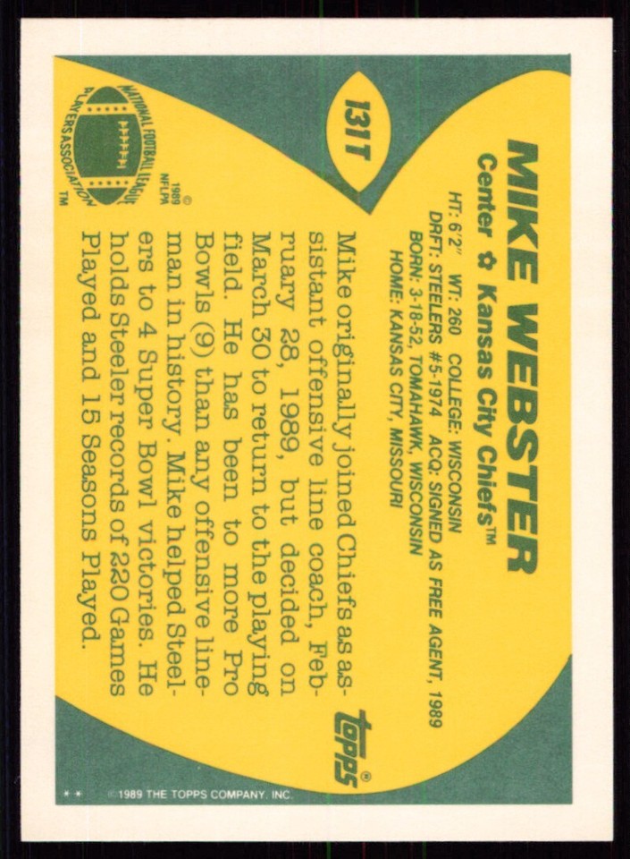 1989 Topps Traded Mike Webster Kansas City Chiefs #131T | eBay