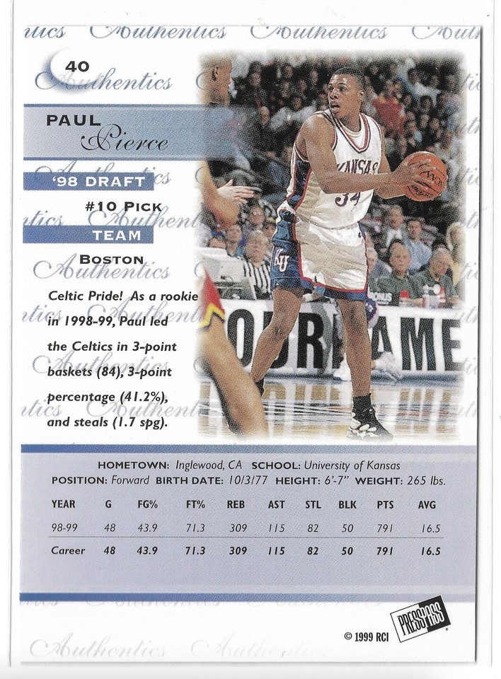 1999 Press Pass Authentics #40 Paul Pierce Kansas Jayhawks Boston ...