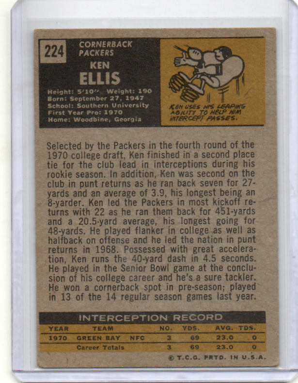 KEN ELLIS 1971 TOPPS FOOTBALL CARD VG #224 PACKERS A87 | eBay