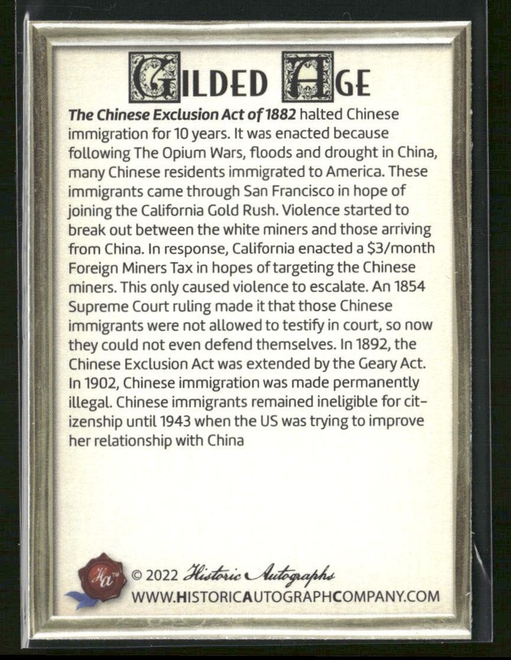 2023 Historic Autographs Gilded Age #85 Chinese Exclusion Act | eBay