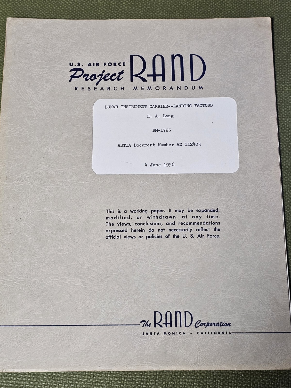 1956 US Air Force Project Rand Lunar Instrument Carrier Research ...