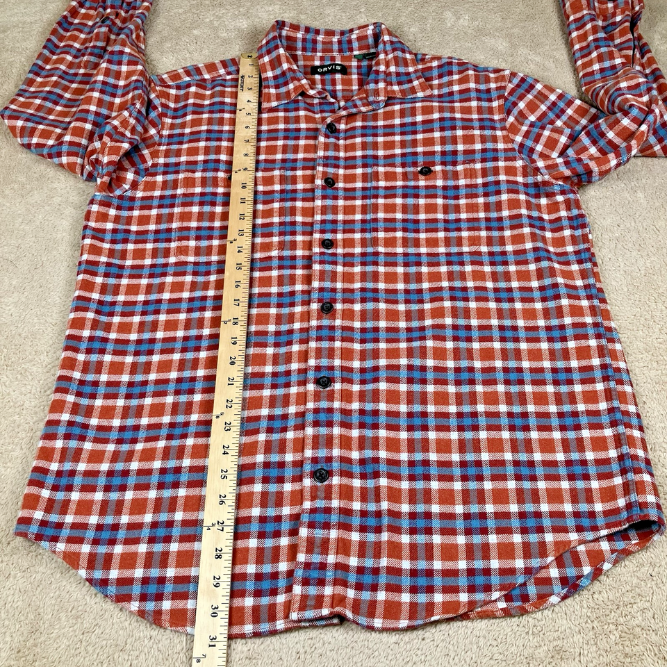 ORVIS Mens Large Long Sleeve Heavy Weight Rust Red Blue Flannel Pocket ...