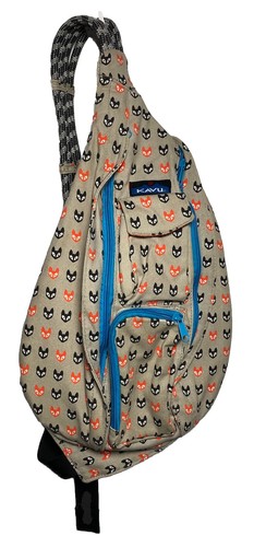 KAVU Rope Sling Bag Canvas Fox Cat Print Crossbody Backpack Tan Orange ...