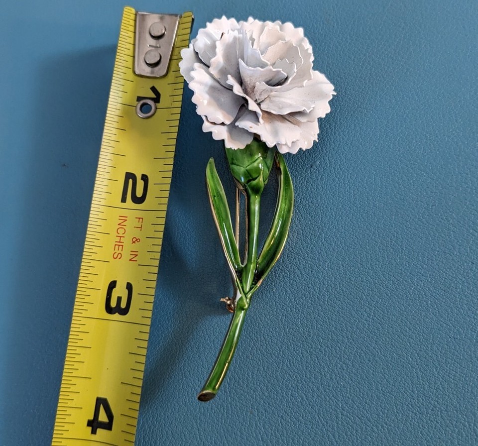 Vintage 4" Enamel Gold White Carnation Flower Pin/Brooch Designer ...