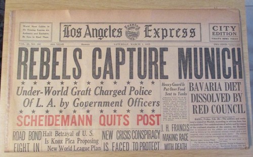 VTG 1919 LOS ANGELES EXPRESS Newspaper~GERMAN Revolution~36 Pages GREAT ...