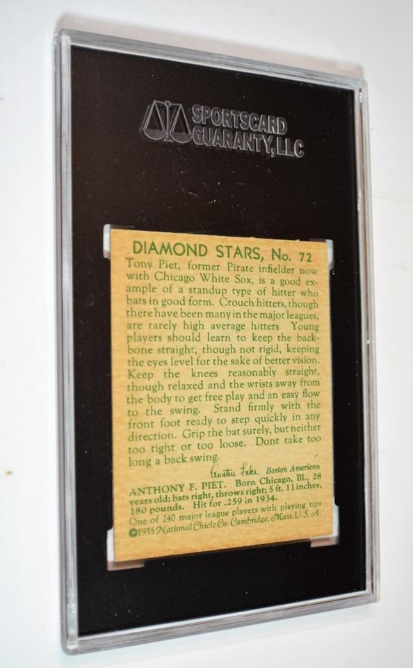 1934-36 Diamond Stars #72 Tony Piet 1935 Chicago White Sox SGC 50 VG/EX ...