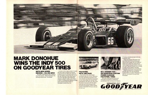 1972 Mark Donohue Indy 500 Winner Goodyear Tires Polysteel Akron 2-Page ...