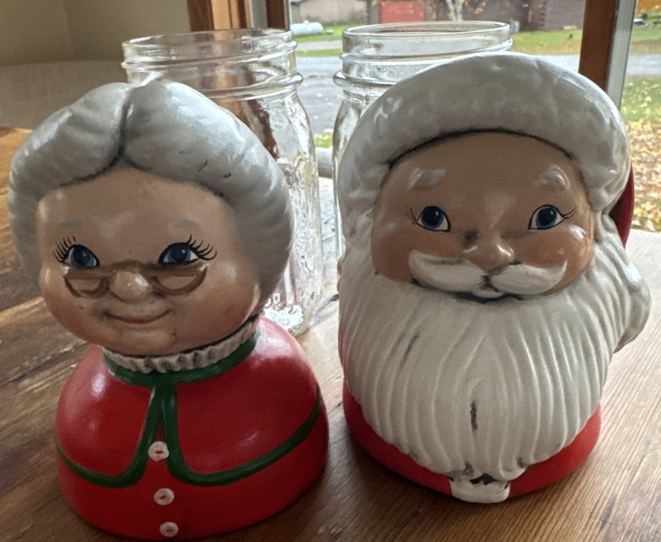 2 Vtg Mason Jars W Santa/ Mrs Claus Head Lid Toppers Christmas Decor ...