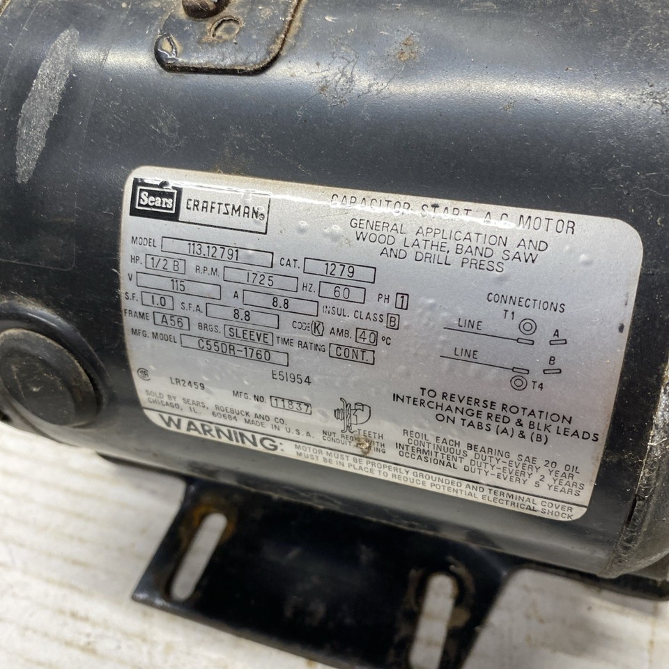 Craftsman Table Saw Motor Md 113.12791 HP 1/2 B RPM 1725 V 115 Em-425 ...