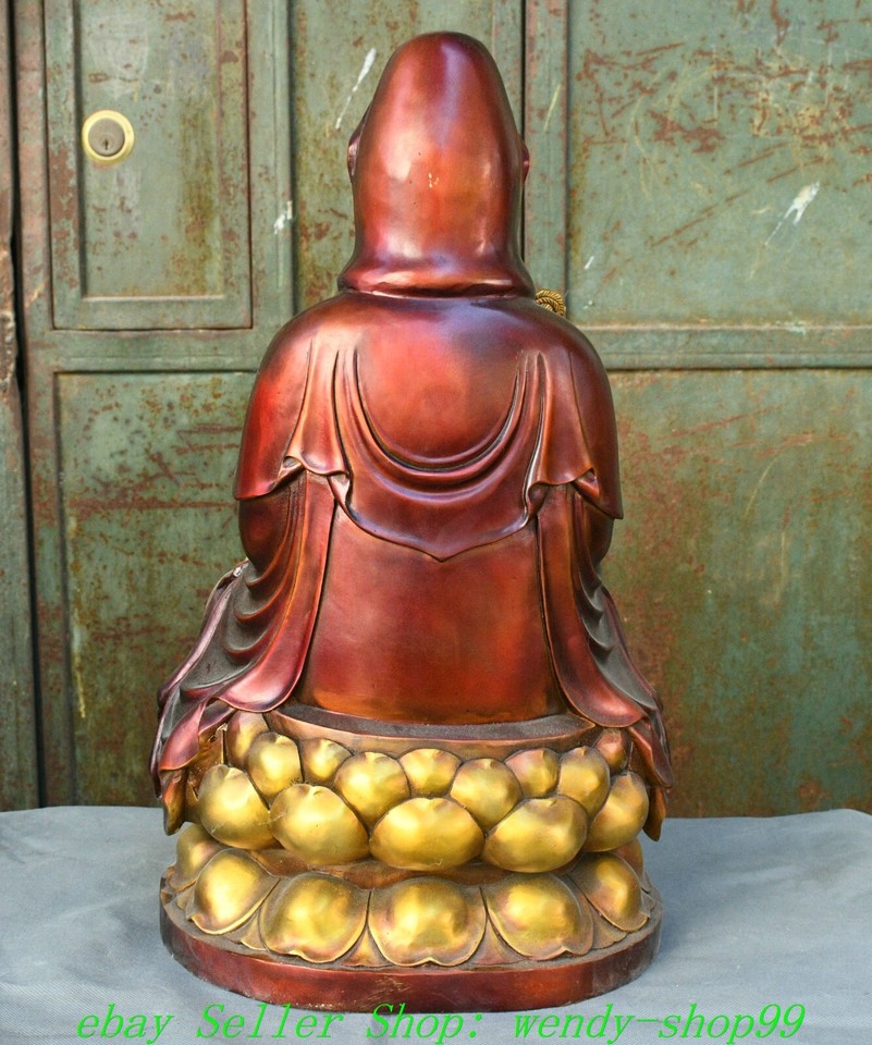 19" Old Chinese Red Copper Gilt Lotus Guanyin KwanYin Goddess Buddha ...