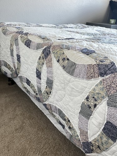 Vtg Quilt Full 90”x86” Purple/white Cottage & Shams Star Double Wedding Ring | eBay