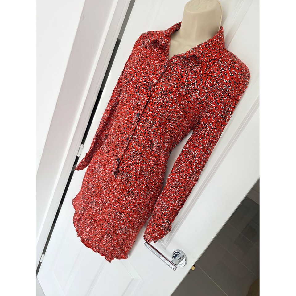Primark Red Floral Long Sleeve knee length Shirt Dress - Size 12 | eBay UK
