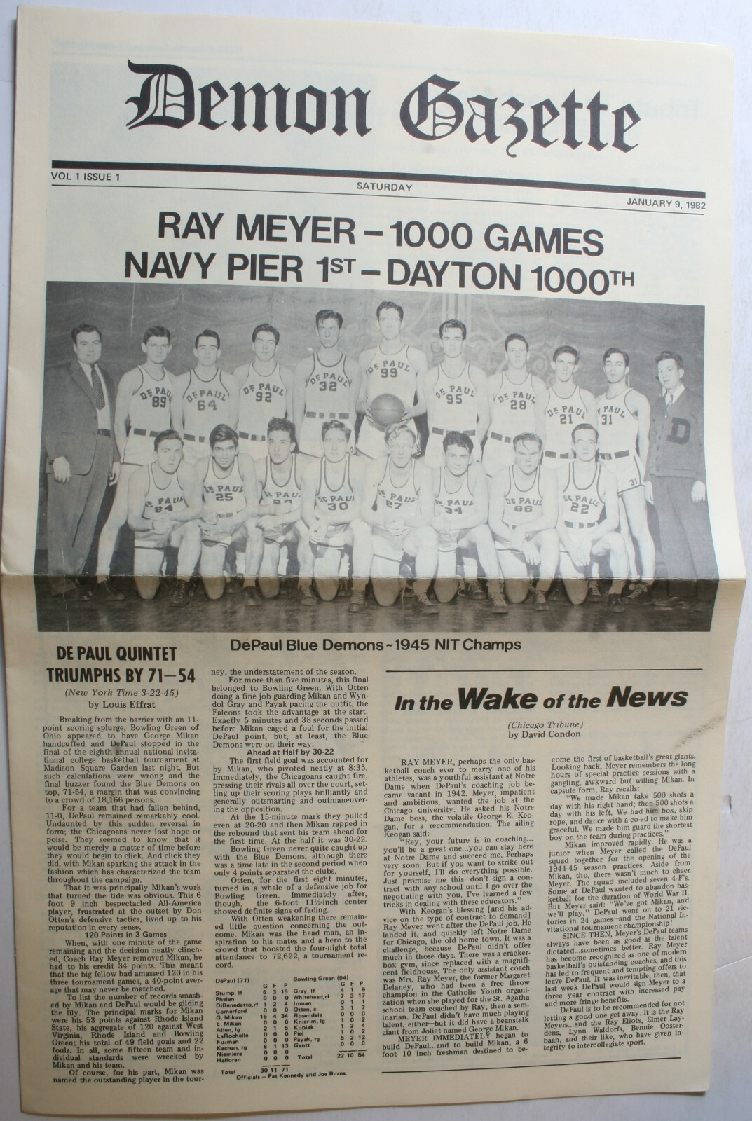 1982 Depaul Demon Gazette Ray Meyer Blue Demons Fan Newspaper ...
