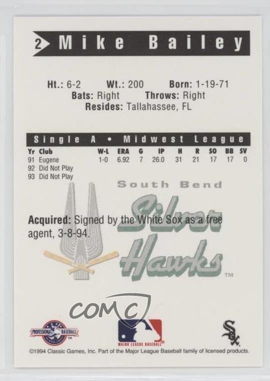 1994 Classic South Bend Silver Hawks Mike Bailey #2 0kz8 | eBay