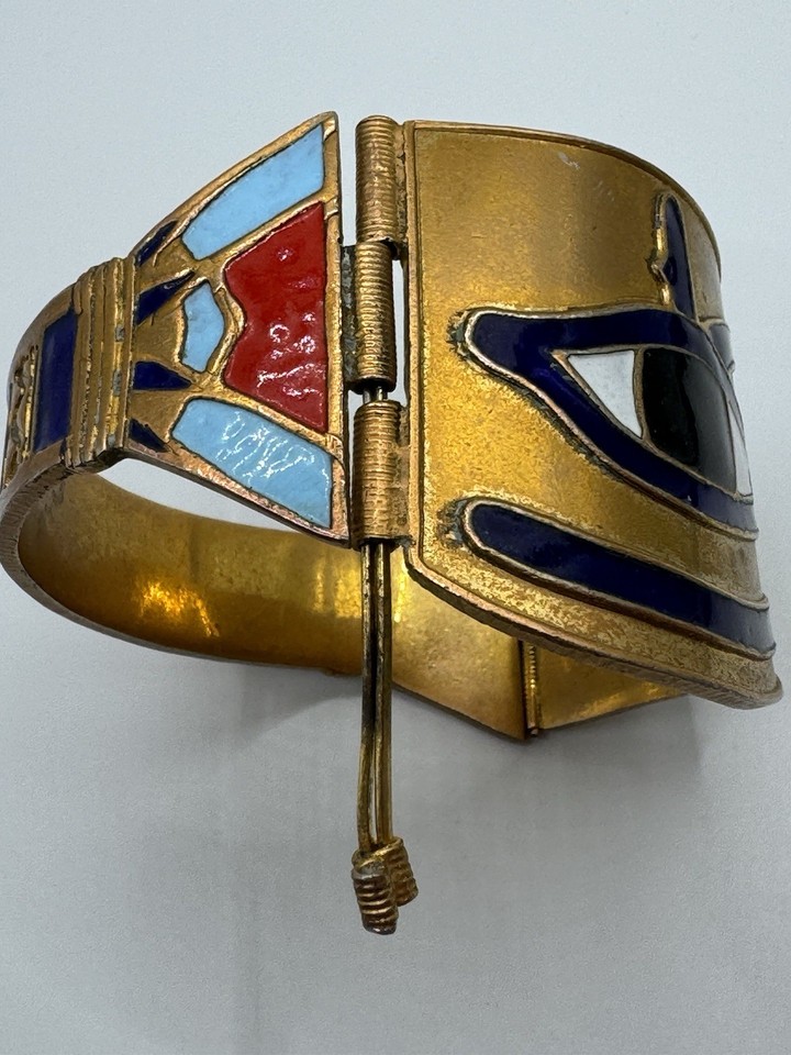 Egyptian Revival Eye of Horus Enamel Hinged Bangle Bracelet Antique Art ...