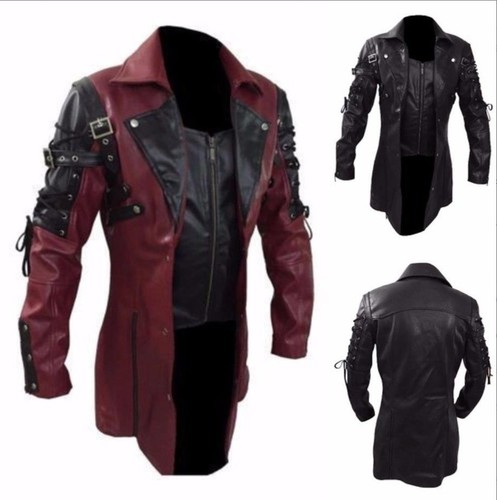 Men's Steampunk Gothic Leather Jacket Goth Punk Coat Trench Coat Mid ...