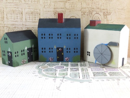 Handcrafted Vintage Wood Block Miniature Toy Houses 3 Buildings Hand ...
