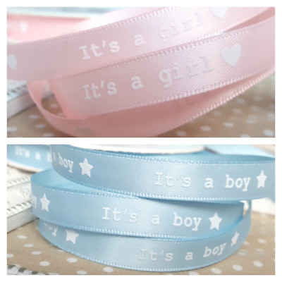 It's a Boy / Girl Satin Ribbon. 1M x 10mm Blue Pink. Baby Shower Gender ...
