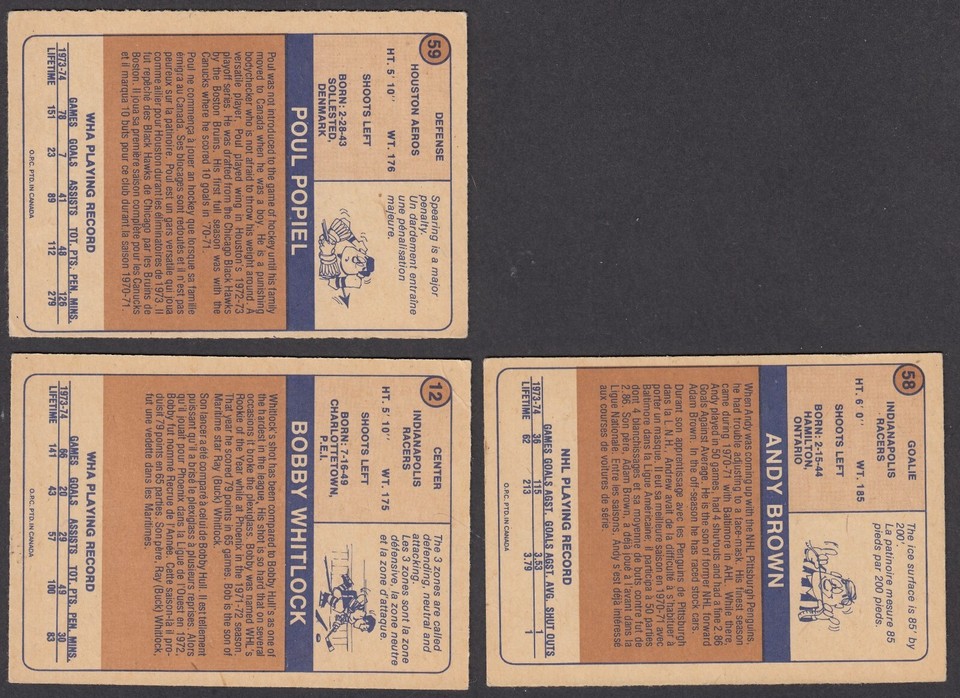 1974-75 OPC (O-Pee-Chee) WHA AEROS & RACERS Lot of 3, #59, 12, 58 | eBay