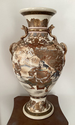 Japanese Satsuma Porcelain Samurai Warriors Dragon Handled Floor Vase ...