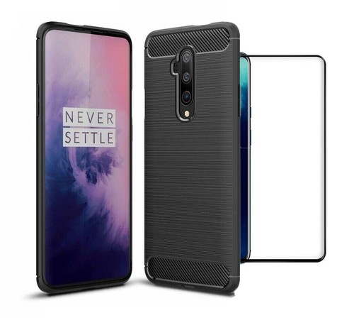 For OnePlus 7T Pro Case Carbon Gel Cover & Full Glass Screen Protector ...