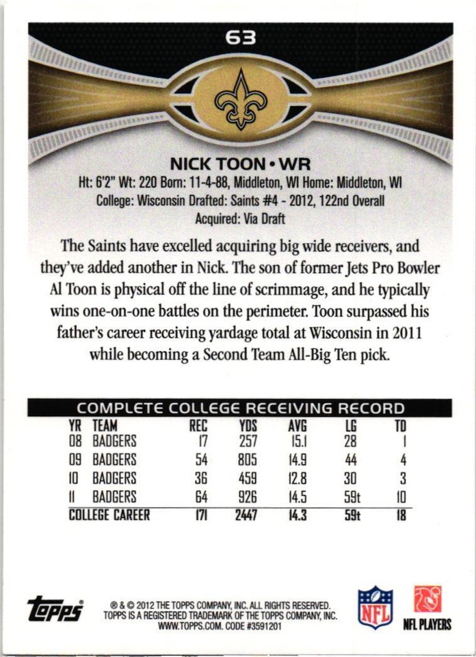 2012 Topps 63 Nick Toon New Orleans Saints RC | eBay