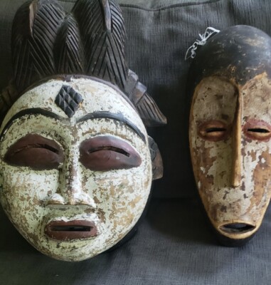 Lot of 2 tribal African wooden masks Punu Gabon and Lega | eBay