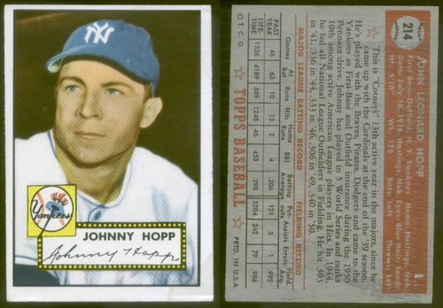 (10040) 1952 Topps 214 Johnny Hopp Yankees-VG+ | eBay