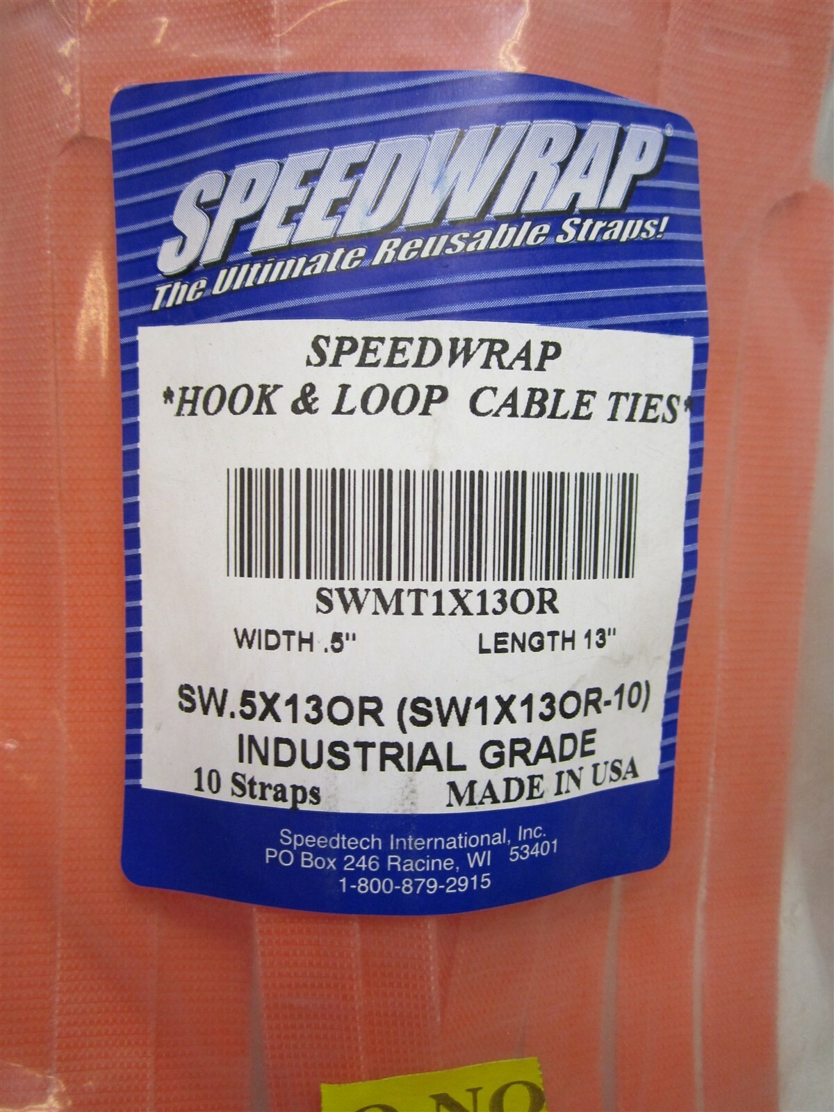 SpeedWrap SWMT1X13OR-10 13in x .5in Orange Hook & Loop Cable Ties- pack ...