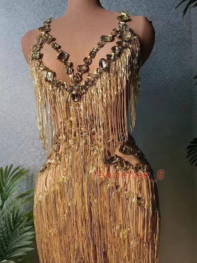 Women Gold Sequins Rhinestones Sleeveless Jumpsuit Singer Dancer Stage ...