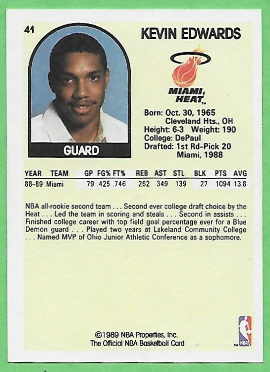 1989-90 NBA Hoops Basketball Kevin Edwards RC #41 Heat. | eBay