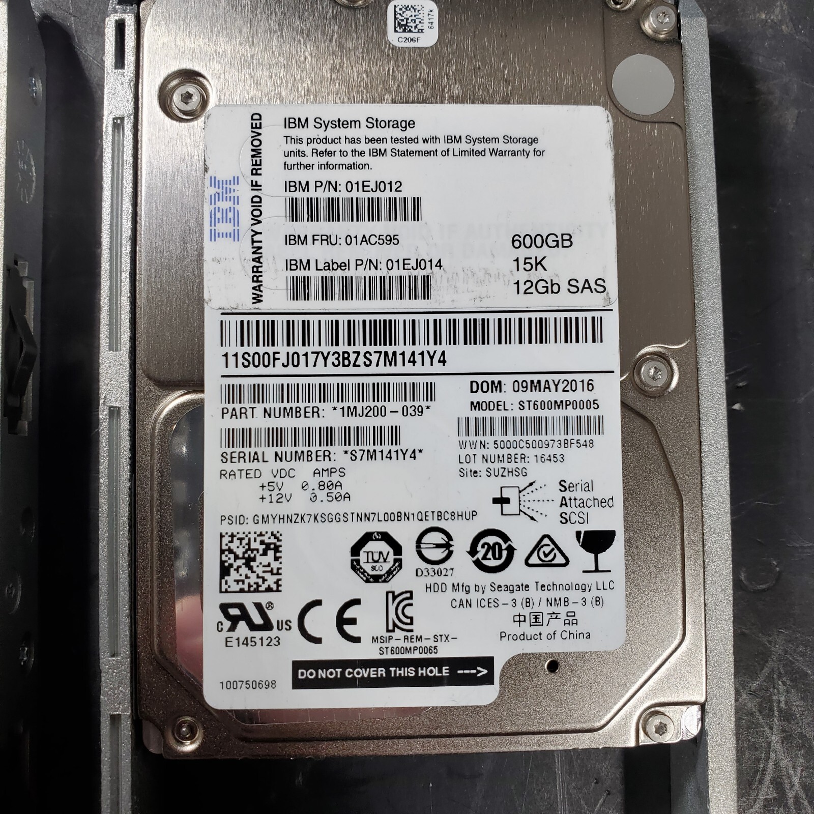 IBM Lenovo 600GB 2.5" 15K SAS FRU 01AC595 Hard Drive Tray ST600MP0005 ...