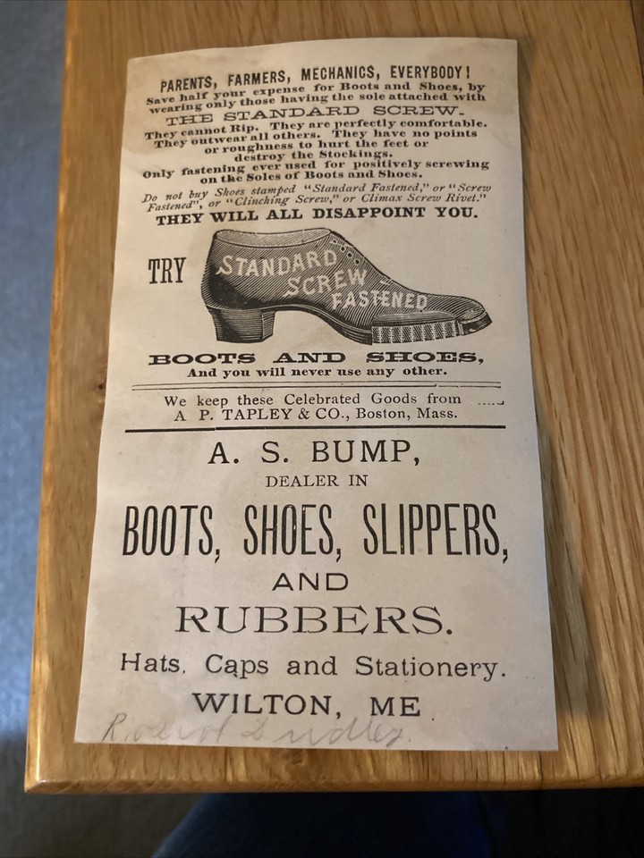 A. S. Bump - Boots & Shoes Trade Card - Wilton, MA- Standard Screw ...