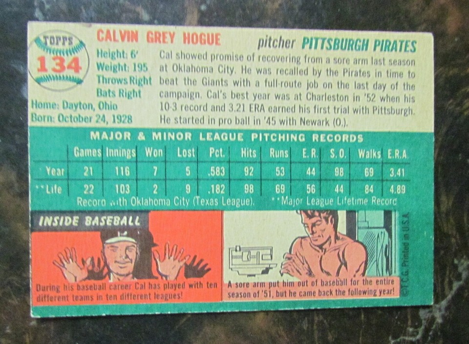 1954 Topps Baseball Card #134 Cal Hogue - Pittsburgh Pirates EX | eBay