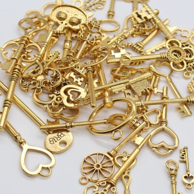 42 Bulk Skeleton Key Charms Steampunk Pendants Antiqued Gold Wholesale ...