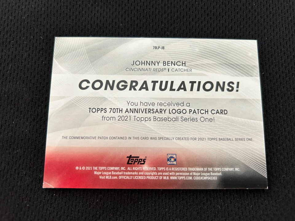 JOHNNY BENCH LOGO PATCH INSERT 70TH ANNIVERSARY TOPPS REDS 2021 ...