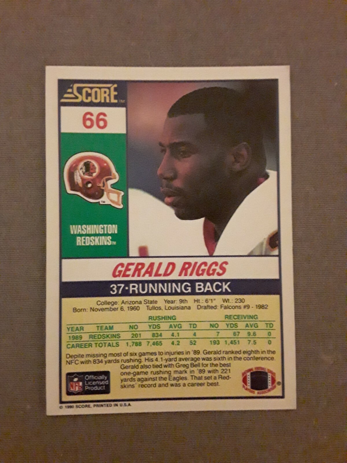 1990 Score Gerald Riggs football card #66. Washington Redskins | eBay