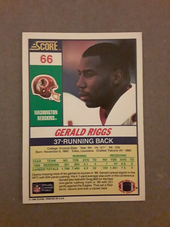 1990 Score Gerald Riggs football card #66. Washington Redskins | eBay